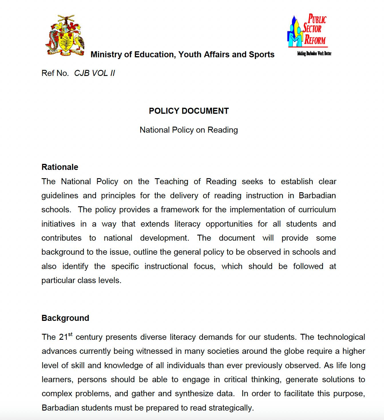 Policy Document: National Policy on Reading - EduSearch Caribbean